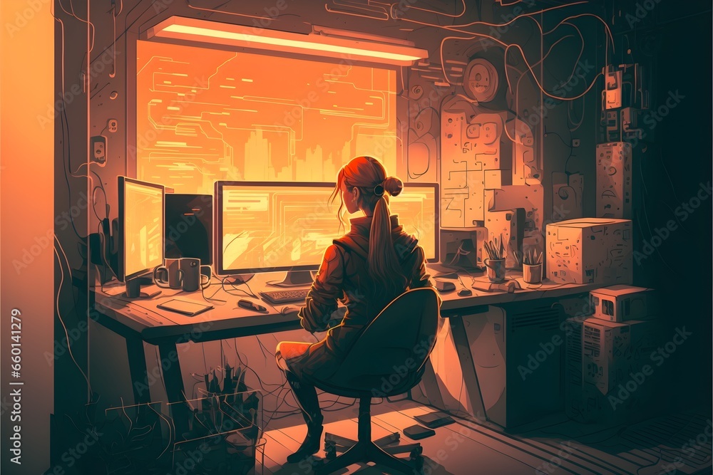 woman coder working in room cyber illustration scifi future warm colors ...