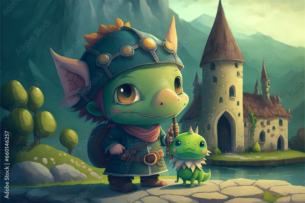 childrens book illustration of cute friendly goblin and his pet ...