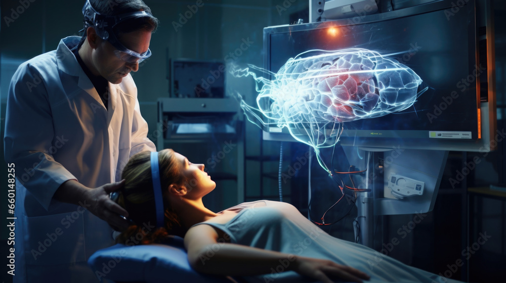 Scifi scene of a neuroimplant spet conducting a virtual simulation of a ...