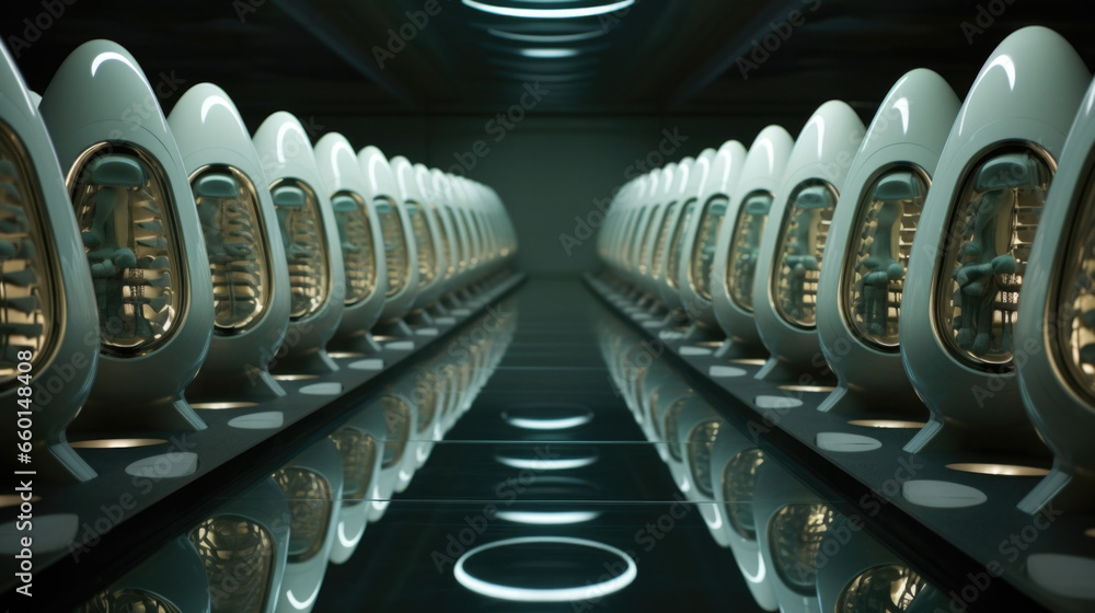 Scifi scene of a cloning facility, with rows of identical clones in ...