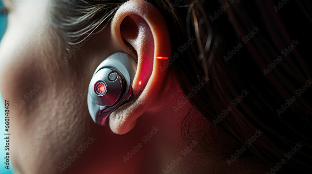 Closeup of a hybrids ear, with a combination of human and alien sensors ...