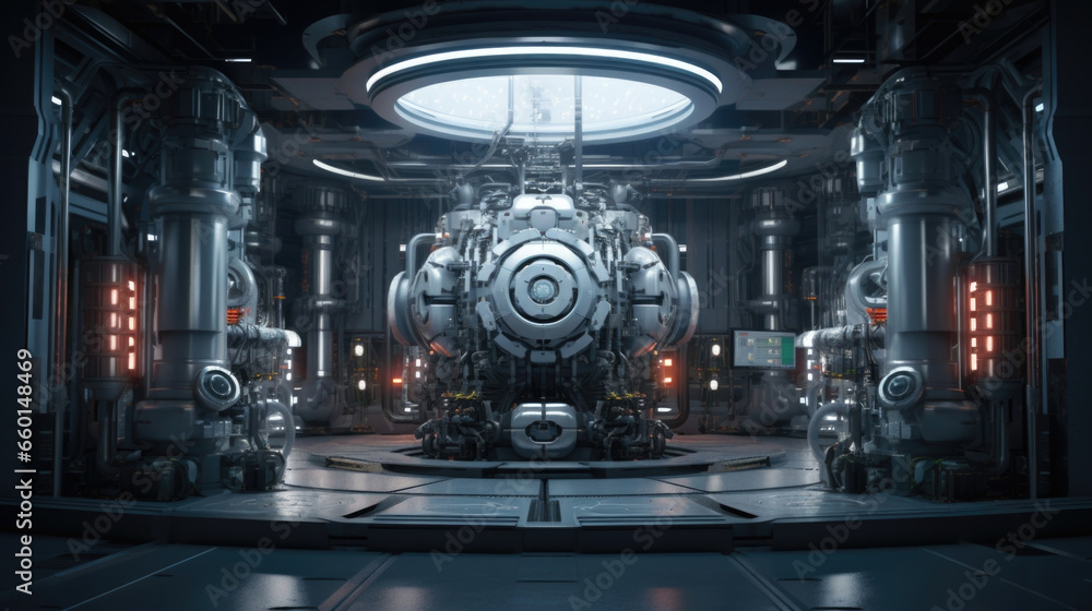 Scifi scene of a spaceships engine room, where engineers use alien ...