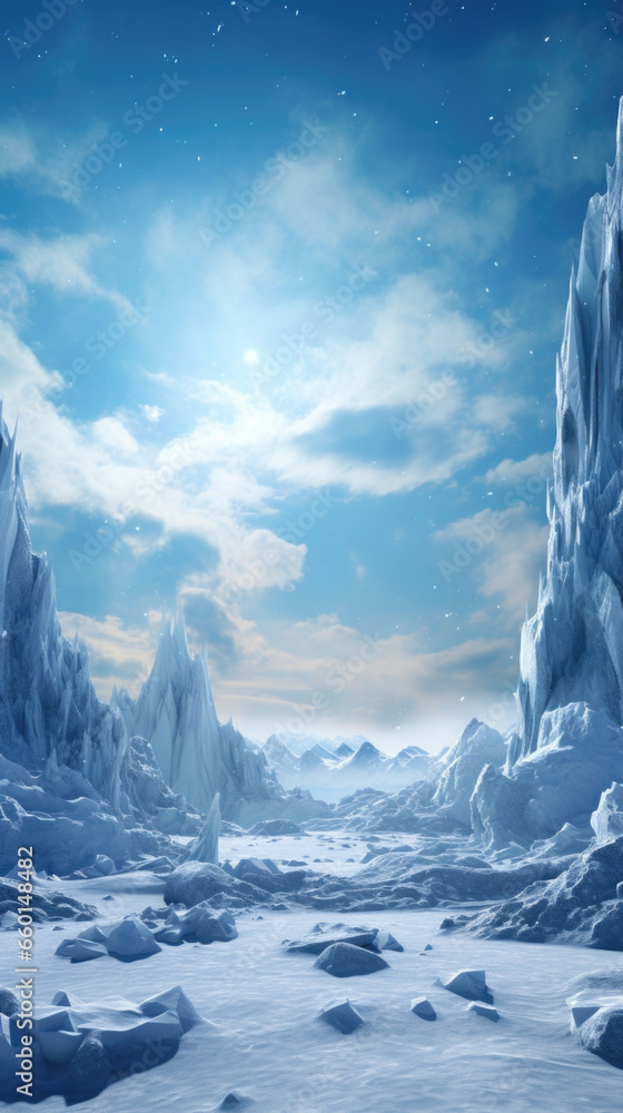 Scifi scene of a frozen, icy planet with towering ice formations and ...