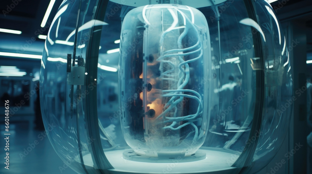 Futuristic image of a biostasis chamber, similar to a cryogenic pod, containing a human hand ...