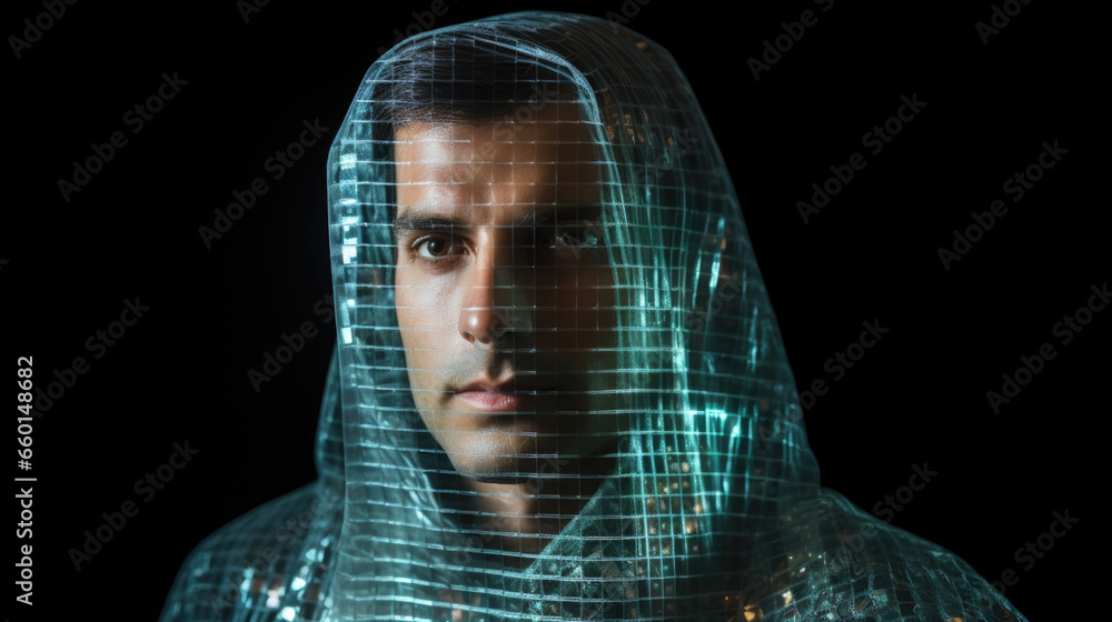 Portrait of a person donning an Invisibility Cloak made from a complex ...