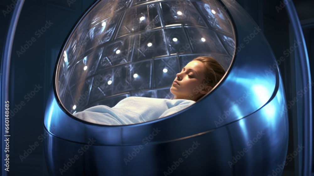 Portrait of a young woman lying inside a metallic pod, her body in a ...