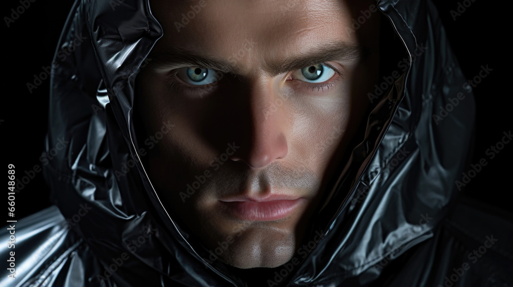 Portrait of a spy wearing an Invisibility Cloak made from a flexible ...