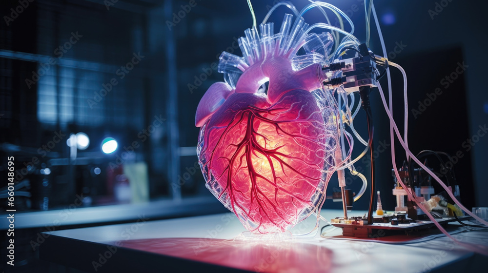 Closeup of a 3D printed heart, pulsating and pumping as it is connected ...