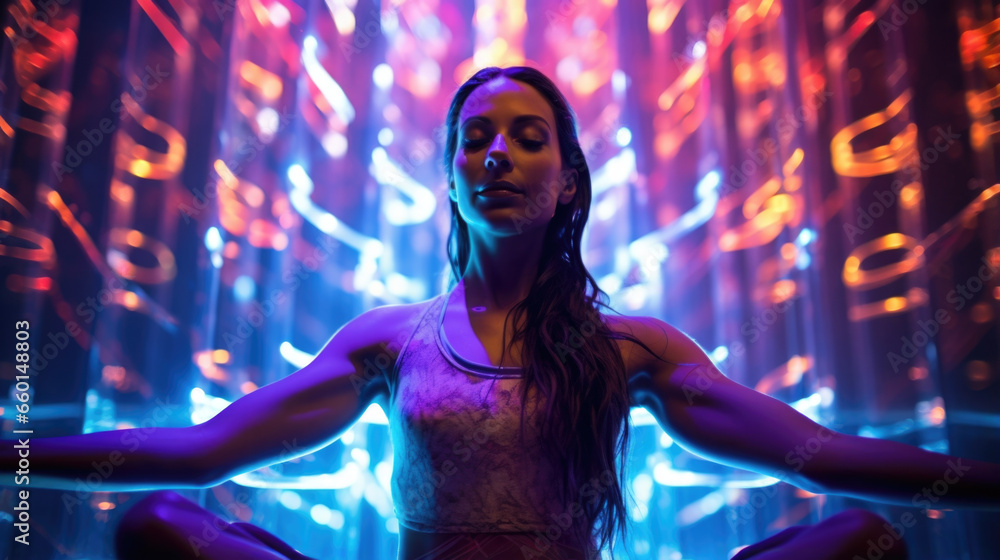 Portrait of a futuristic yoga teacher, their body adorned in glowing ...