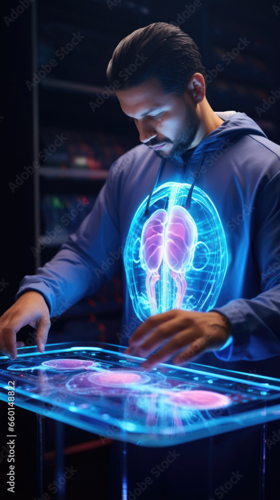 Portrait of a Synthetic Organ Designer studying a holographic display ...