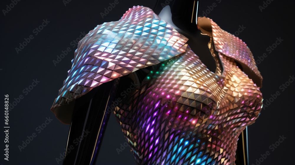 Closeup of a dress made entirely of holographic material, with the ...