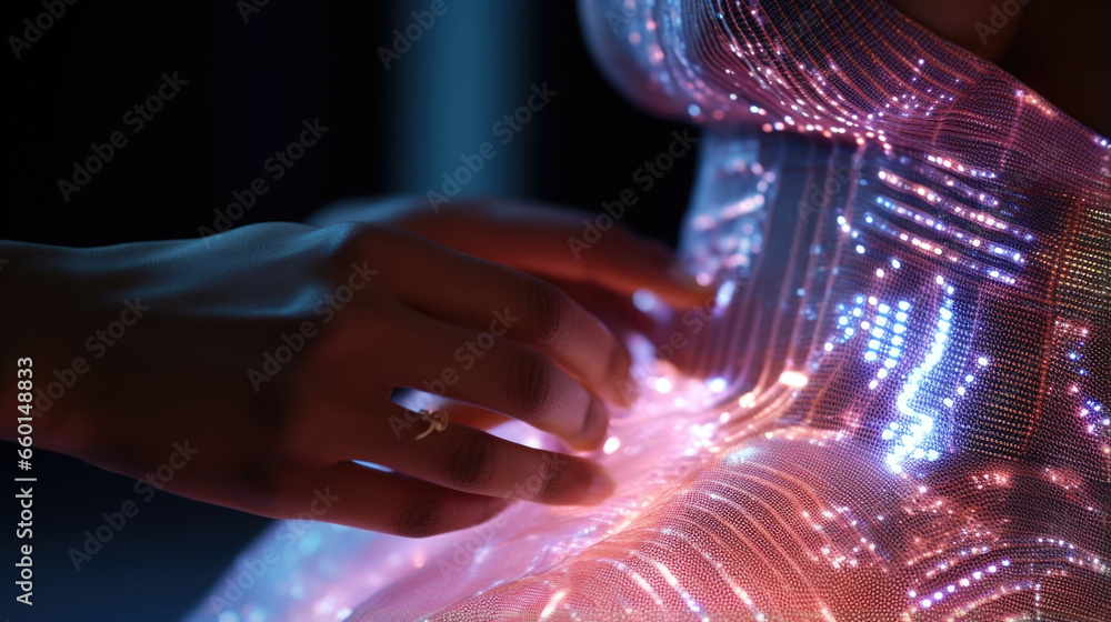 Closeup of a holographic fashion designers hands, deftly manipulating a ... Closeup of a holographic fashion designers hands, deftly manipulating a ...