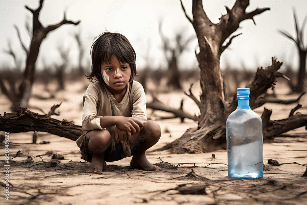 poor child with empty bottle next to dead trees on dry and cracked ...