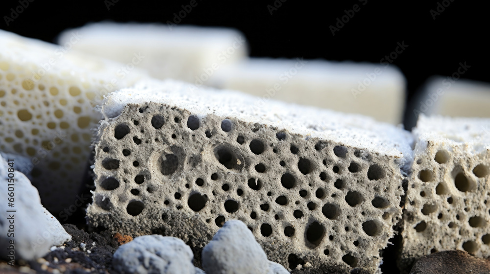 Texture of a pumice stone with a porous surface, displaying its co and ...
