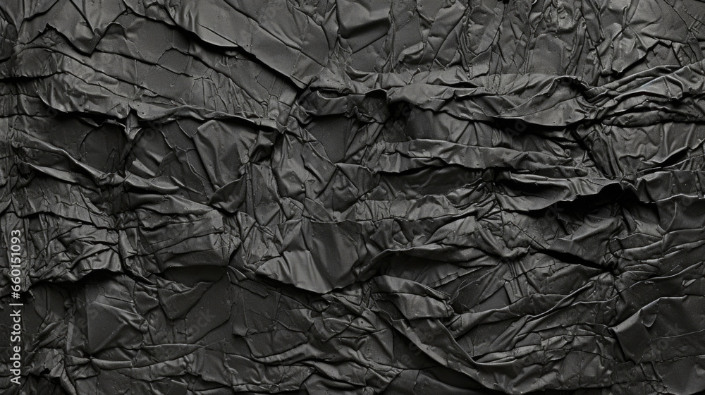 Texture of crinkled, ripped rubber in shades of black and grey. The ...