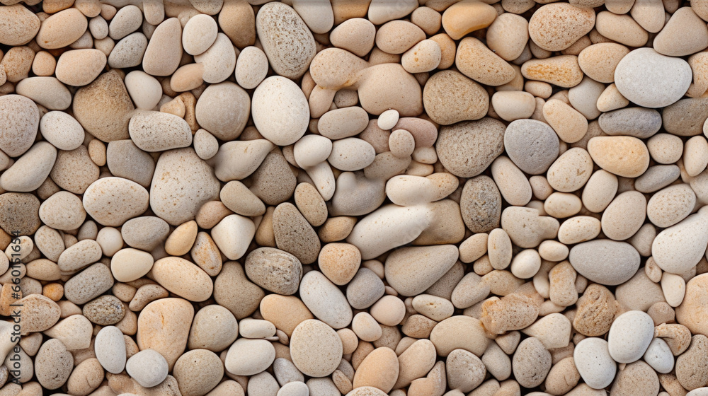 Closeup of pebbled shoreline sand The sand has a gritty texture with a ...