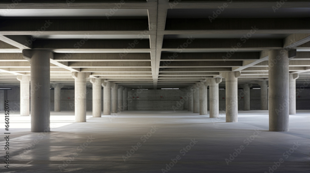 Texture of a multilevel concrete parking garage, with rows of pillars ...
