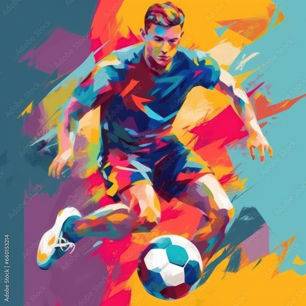 Man playing football / soccer with a soccer ball - Fauvism style ...