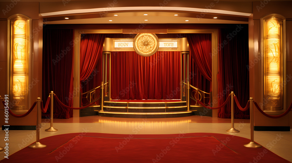 Home theater entrance with red velvet ropes gold stanchions and an LED ...