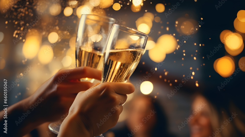 A close-up of hands clinking glasses in a toast with blurry faces ...