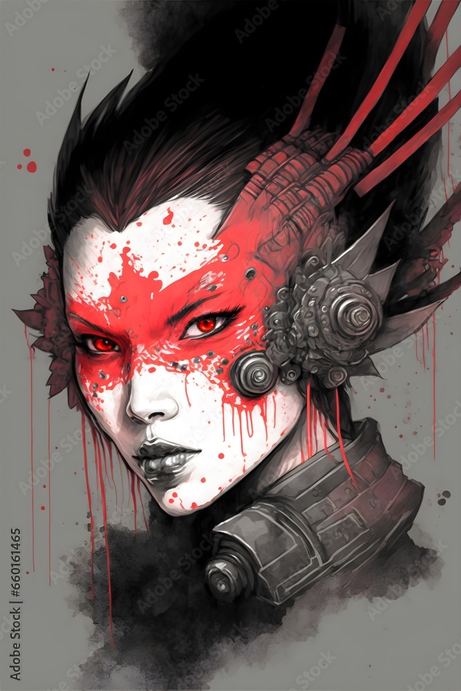 cyberpunk cyborg kunoichi with tengu mask desaturated with red color ...