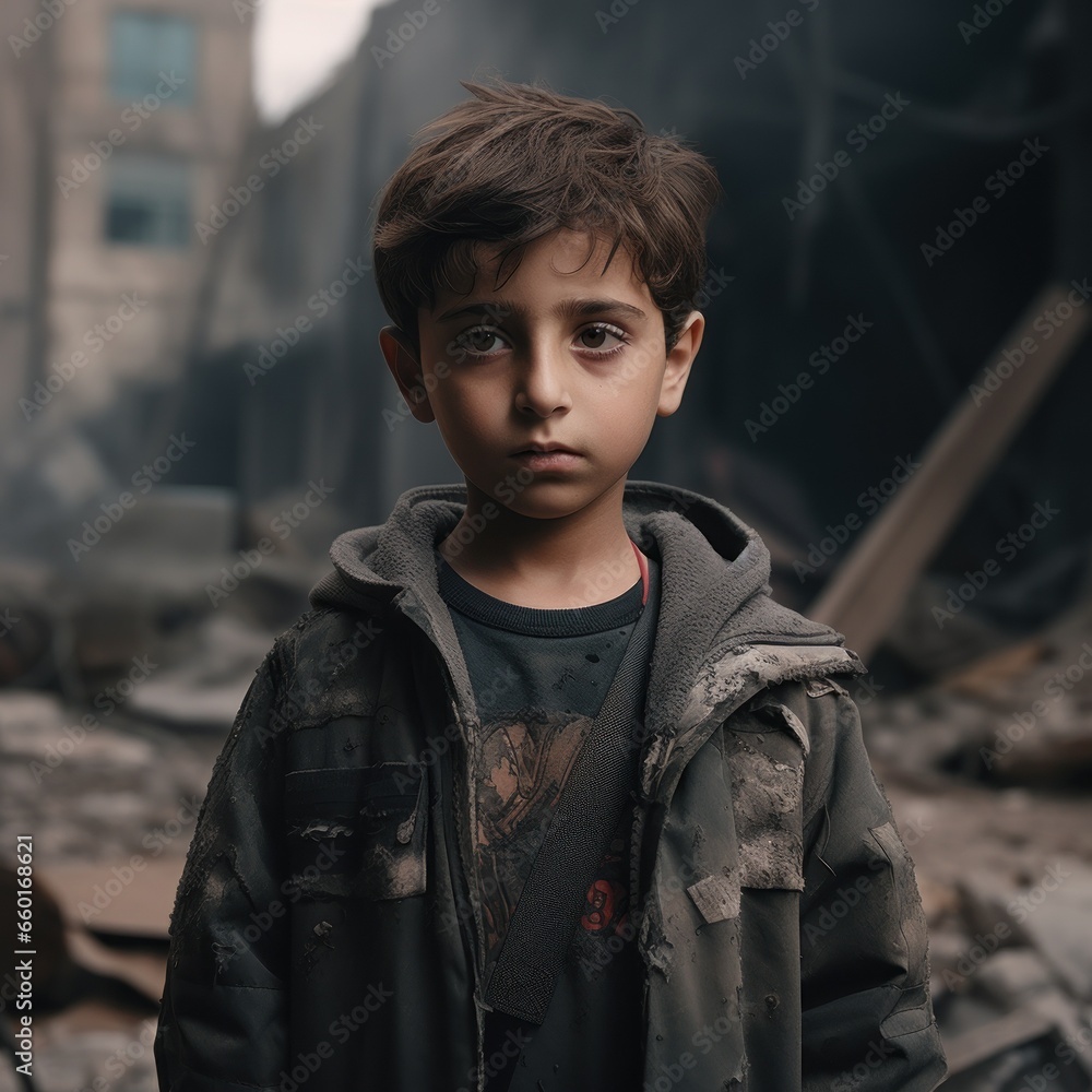 sad boy in a town destroyed by war with dirt on his face in old clothes ...