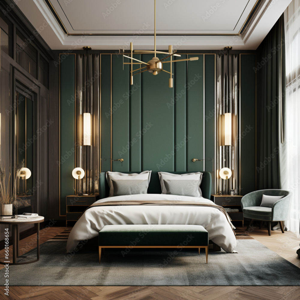 contemporary classical style hotel room, small window with marble ...