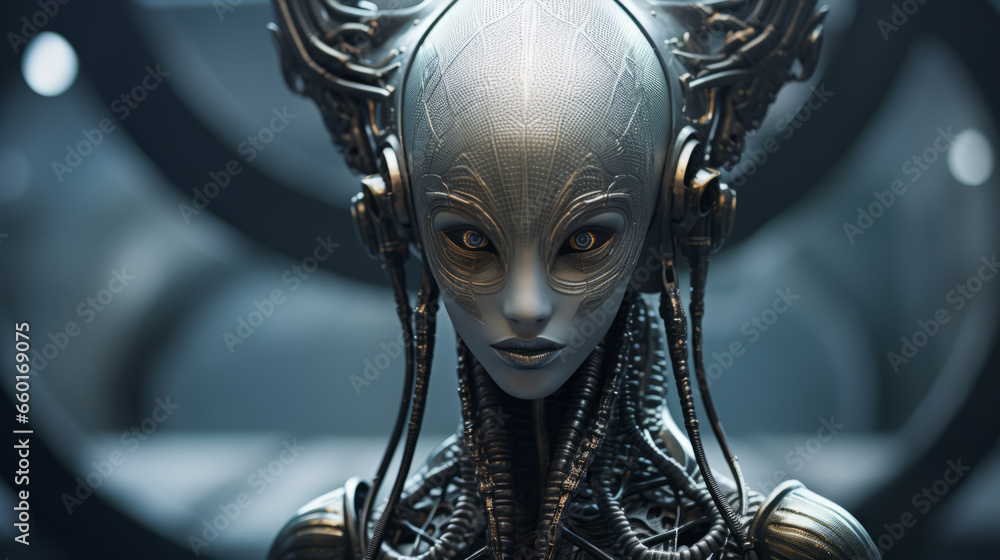 Extraterrestrial alien Queen with glowing eyes standing in a futuristic ...