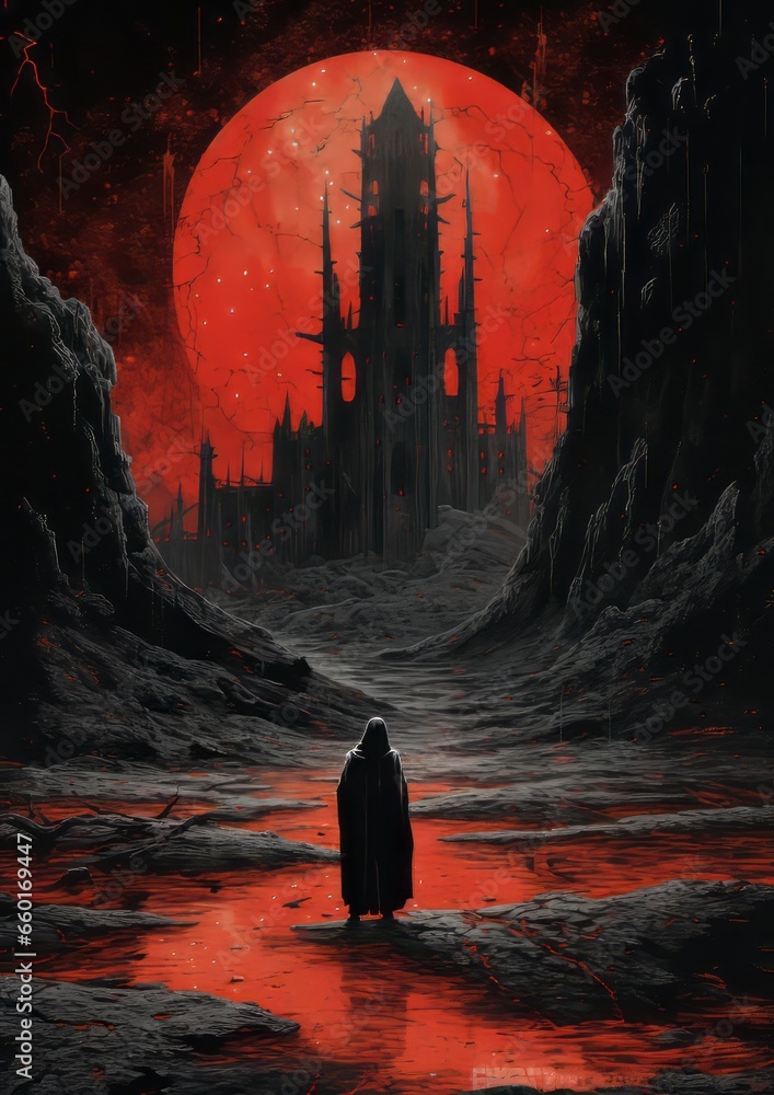 Gothic knight under a red moon, dark fantasy setting Stock Illustration ...