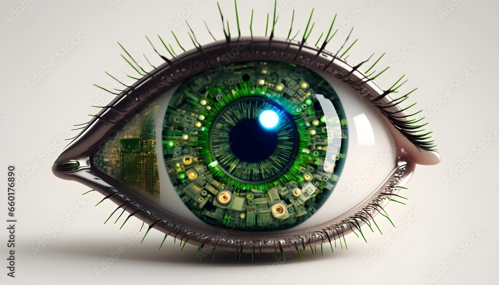 green human eye made out of technology data digital circuit board wires ...