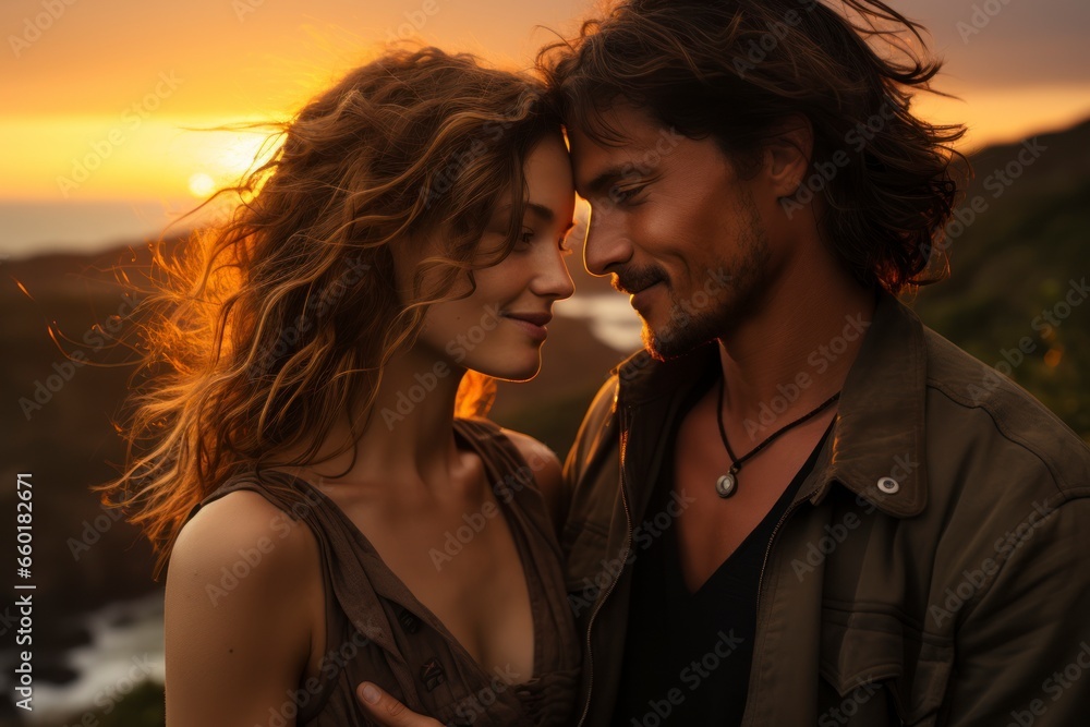 A candid moment of a couple's tender embrace during a romantic sunset ...