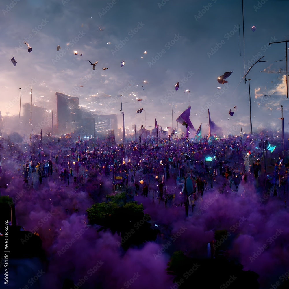 environment ethereal peaceful protest purple teal and green flags ...