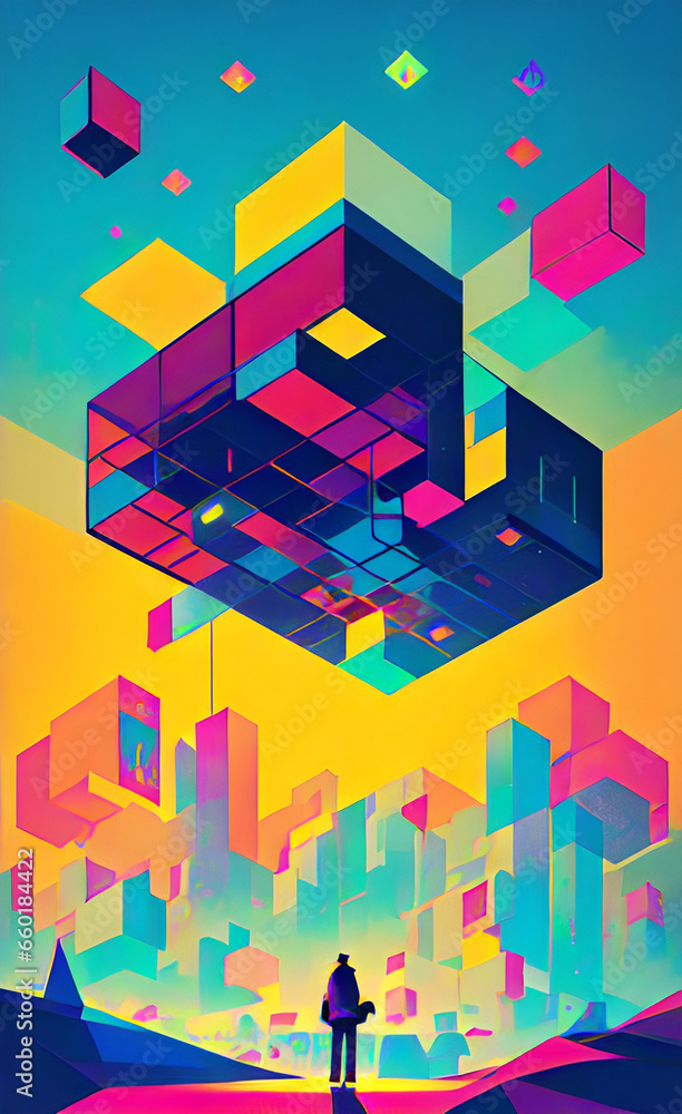 Abstract geometric rainbow colors colored 3d wooden square cubes ...