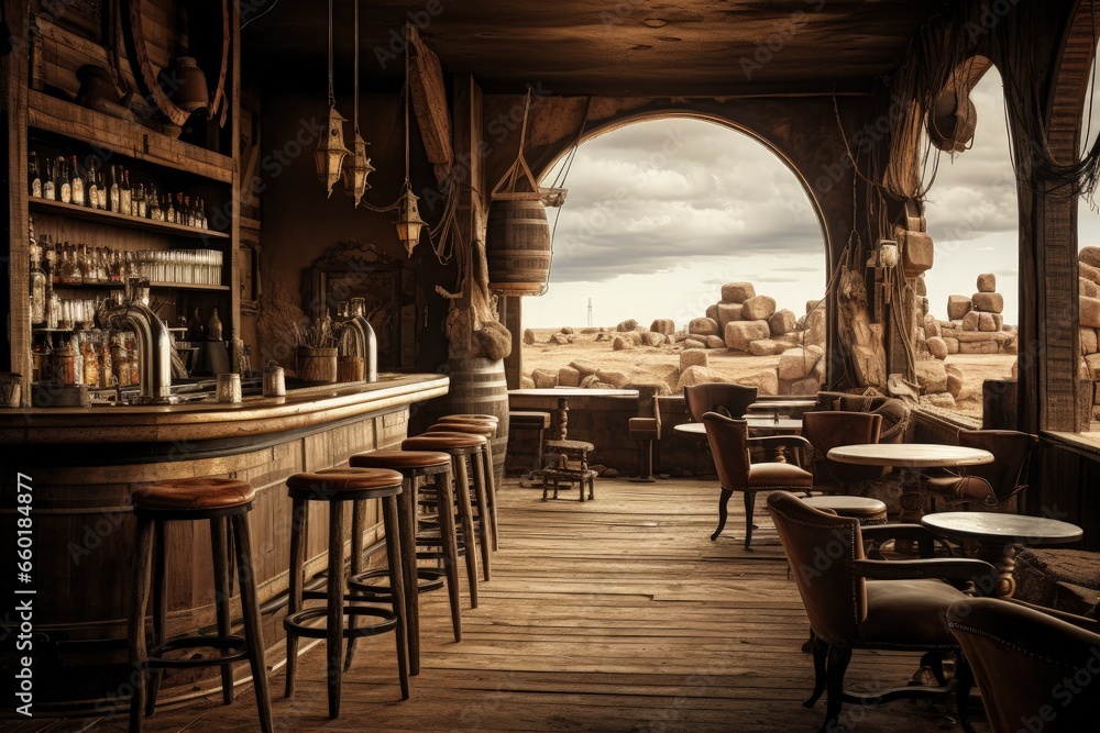 Inside a saloon in a western city, concept of history and the old west ...