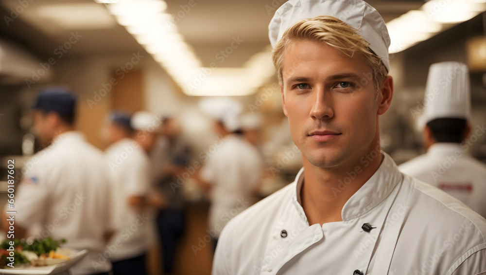 A handsome and experienced chef, donned in his professional attire ...