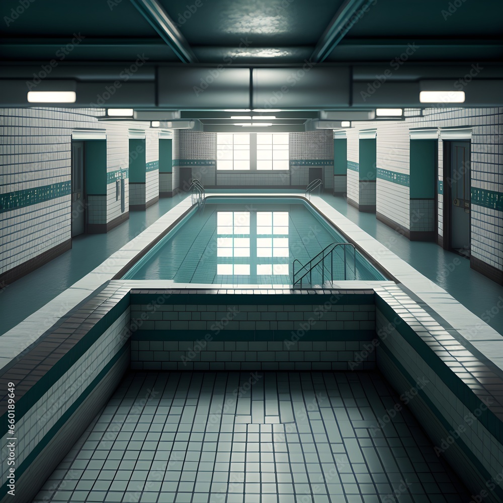 an empty indoor swimming pool with subway tile everywhere no people or ...