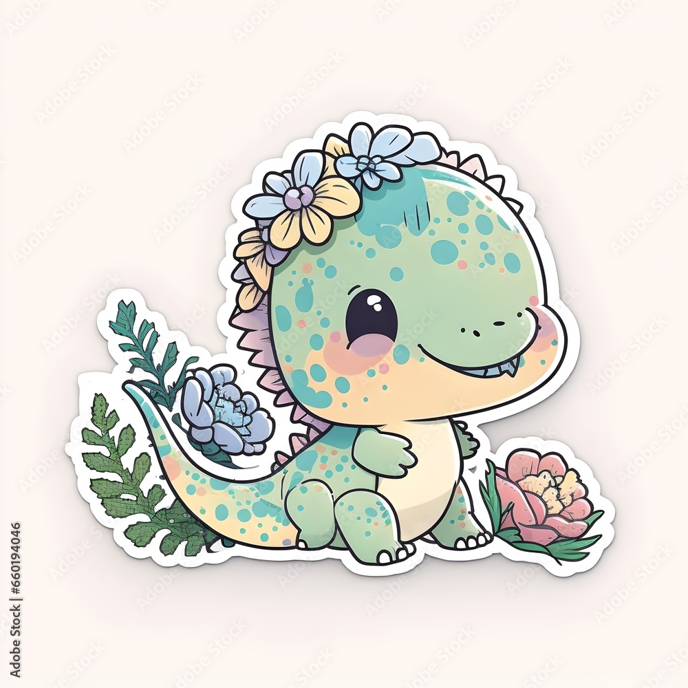 cute chibi sticker baby dino white background pastel colors Stock ...