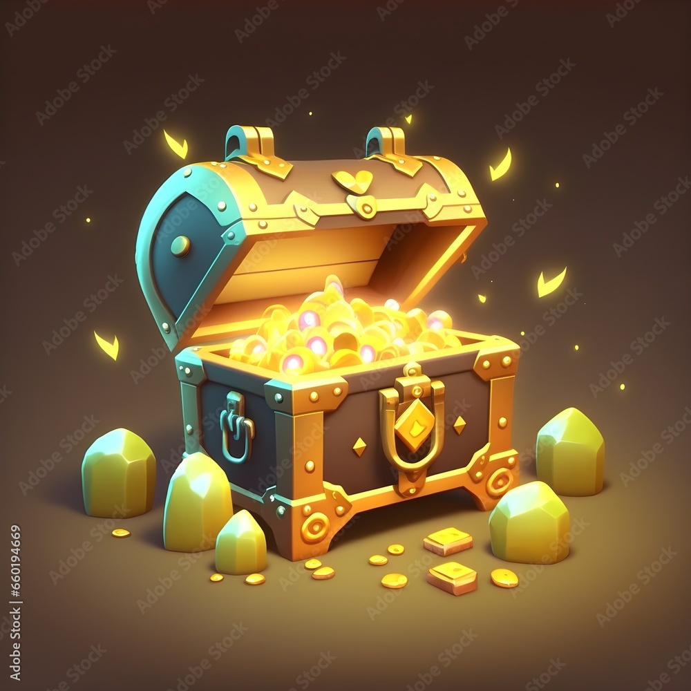 stylized cute mobile game shining big gold chest with gold coins spread ...