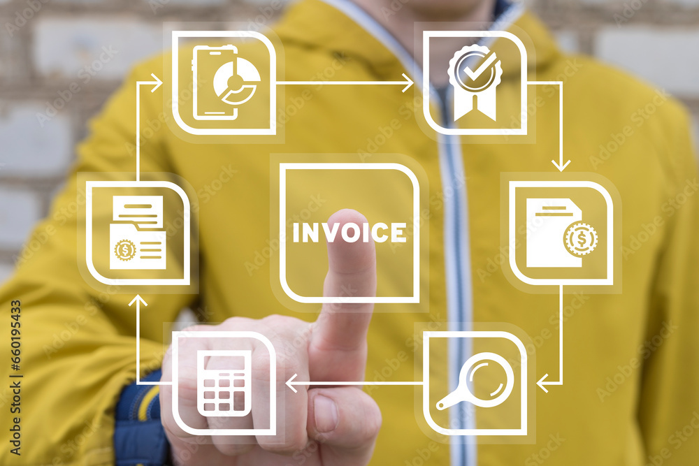 Man using virtual touch interface presses word: INVOICE. Concept of ...