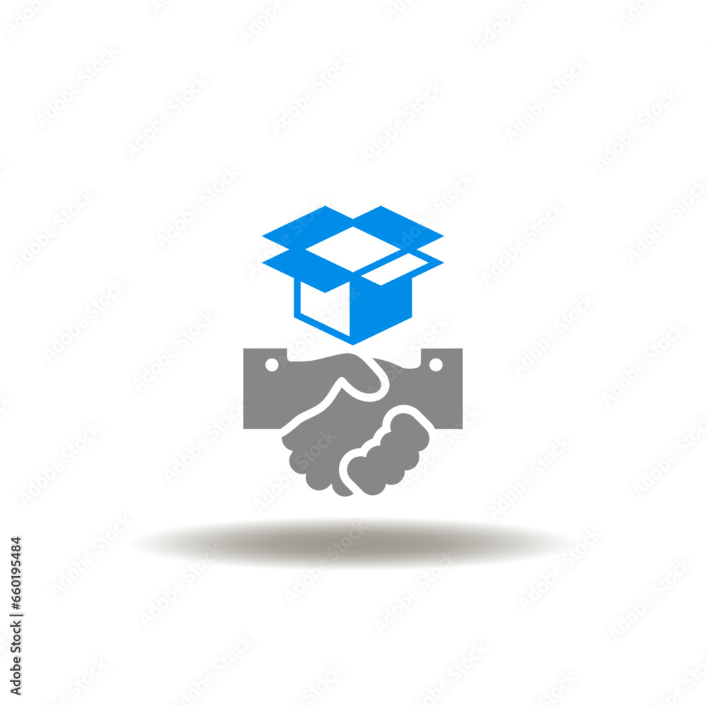 Vector illustration of handshake with open packaging box. Icon of brand ...
