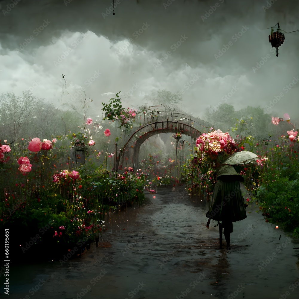 rain falling upon a spring garden jasmine roses ivy woman walking with ...