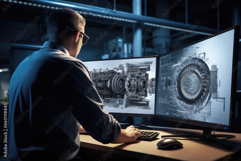 Engineer designing engine in 3D on computer inside the heavy industry ...