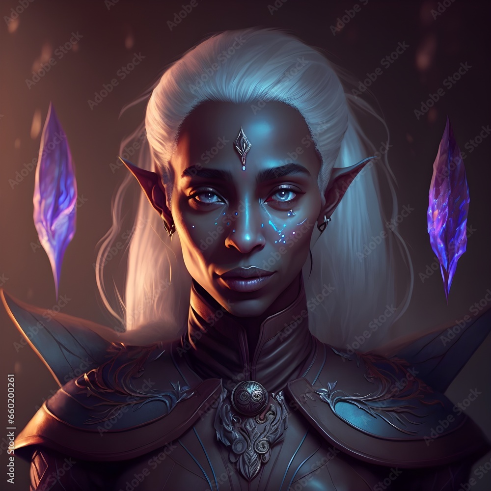 androgynous dark elf drow feminine magic background glowing eyes slender DD character 4k ultra ...