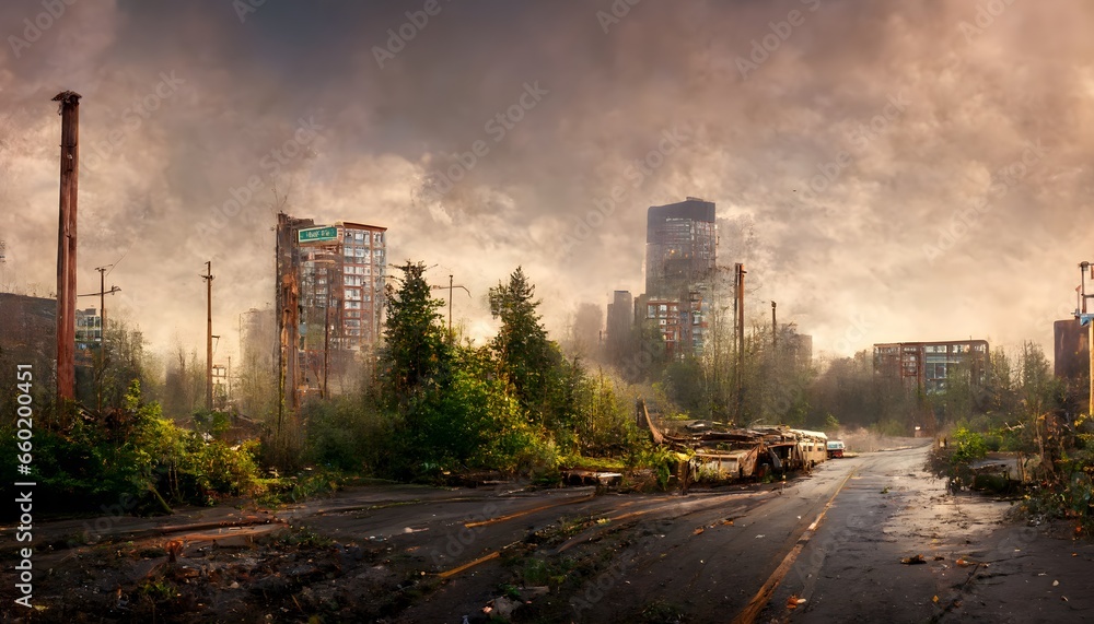 post apocalyptic Seattle rusty cars and street signs river going ...