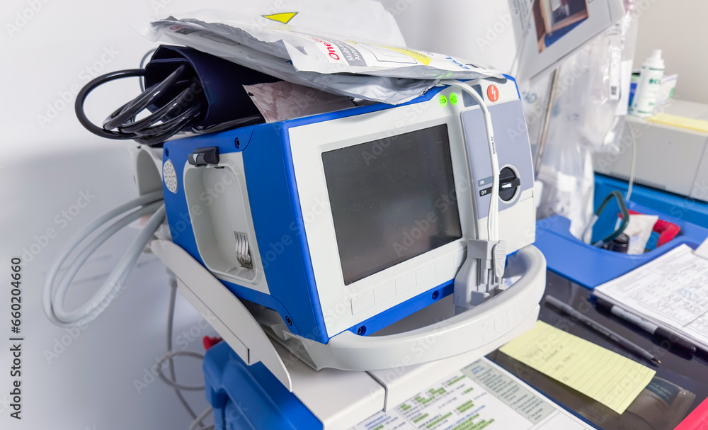 hospital defibrillator AED unit ready for action, symbolizing emergency ...