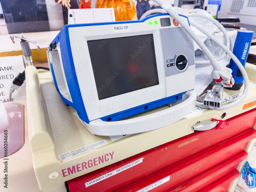 hospital defibrillator AED unit ready for action, symbolizing emergency ...