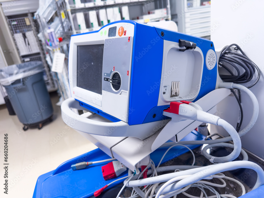 hospital defibrillator AED unit ready for action, symbolizing emergency ...
