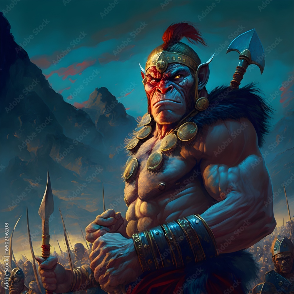 a warrior monkey king in front of a massive army of apes in a stunning ...
