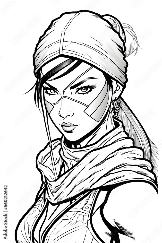 line art outline of asian ninja female warrior smooth black lines clean ...