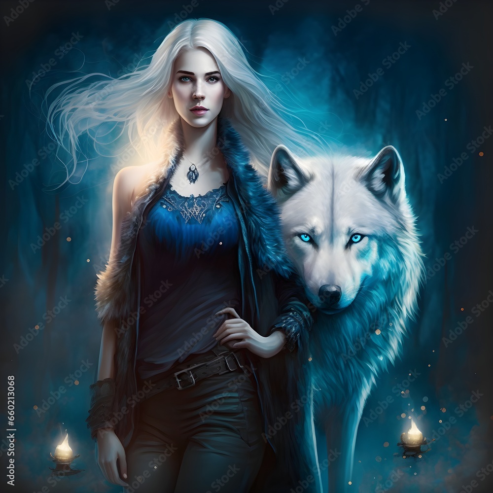 fantasy woman standing by wolf woman has platinum blond hair and pale ...